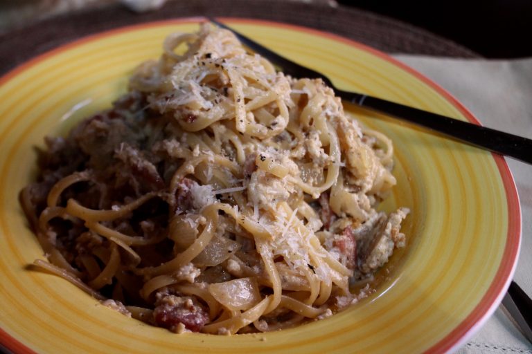Breakfast Pasta with Eggs, Bacon and Sautéed Onions